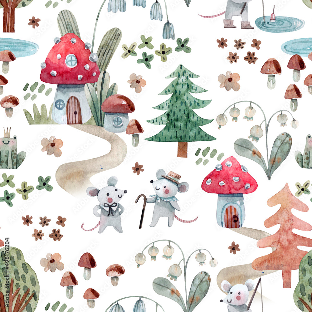 Cute seamless pattern with forest nature, fairy houses, mouse ...