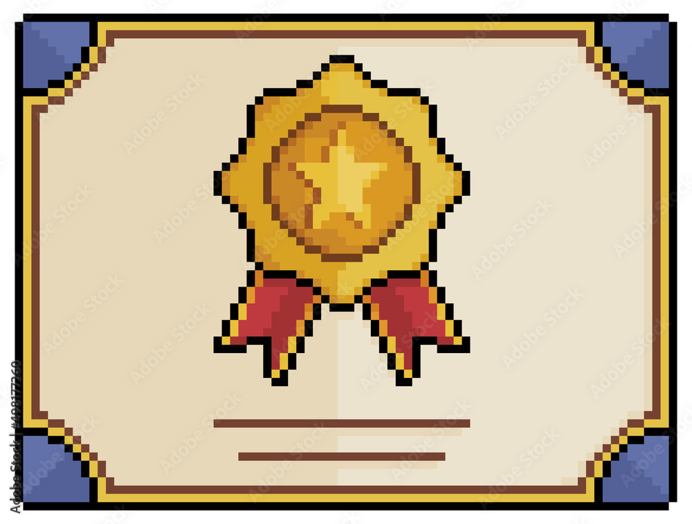 Pixel art certificate honor to merit vector icon for 8bit game on white ...