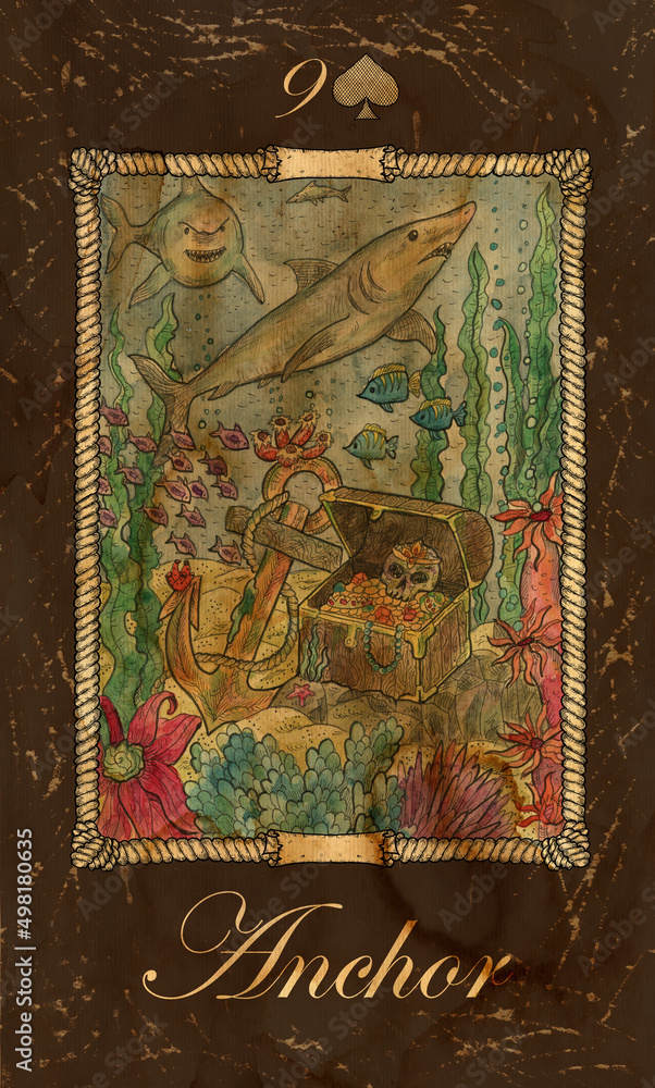 Anchor. Card of Old Marine Lenormand Oracle deck. Fantasy vintage ...