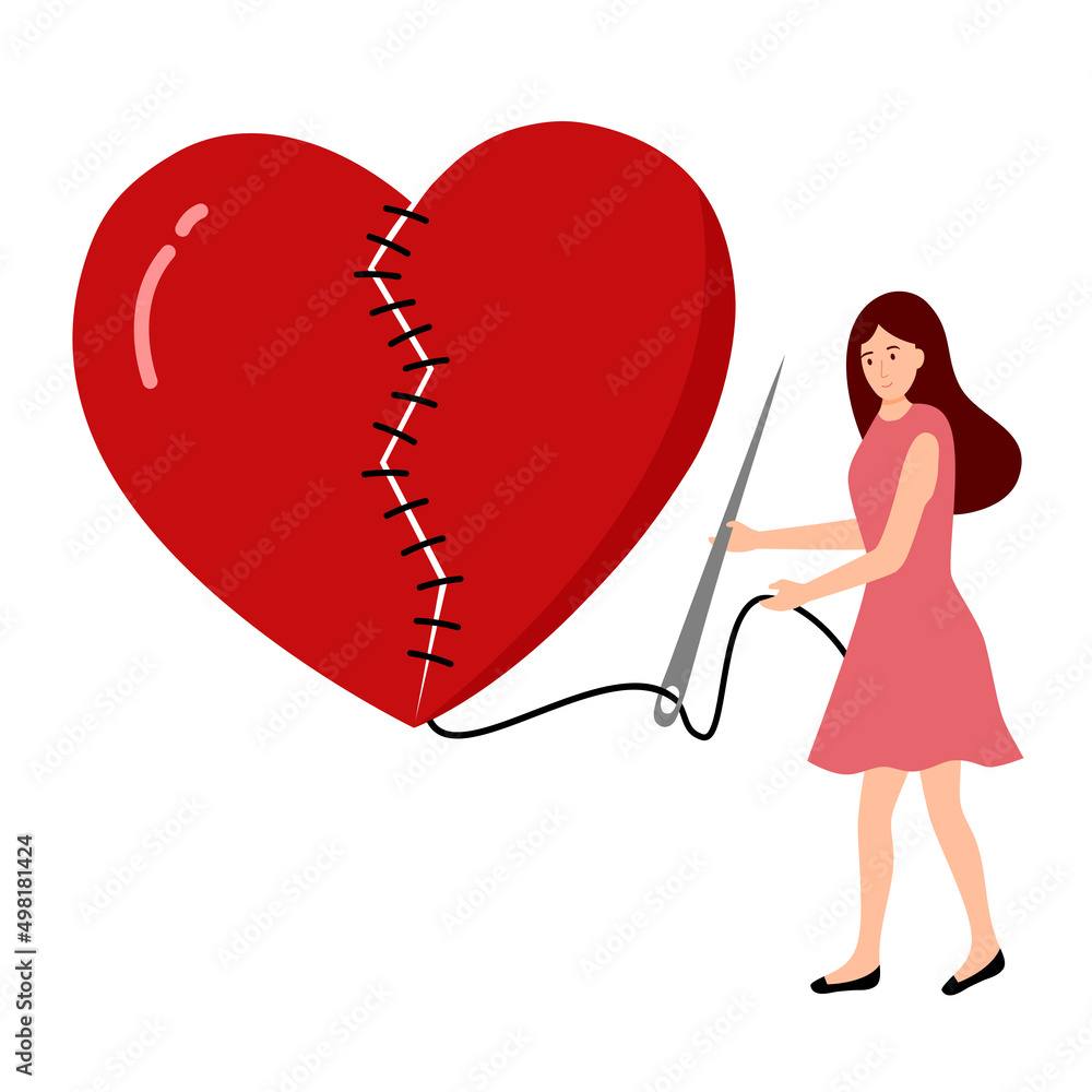 Woman sewing broken red heart with needle in flat design on white ...