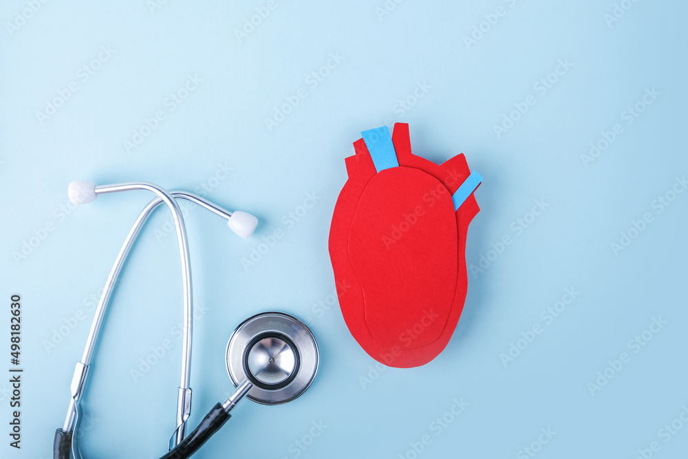 Anatomical heart - human organ from paper and stethoscope on blue ...
