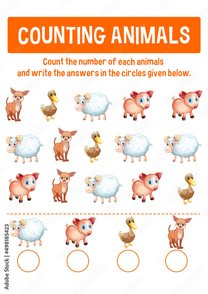 Worksheet design for counting animals Stock Vector | Adobe Stock