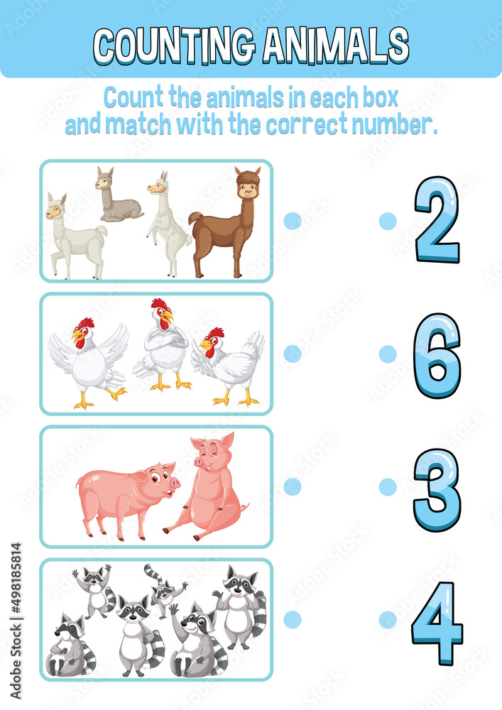 Worksheet design for counting animals Stock Vector | Adobe Stock
