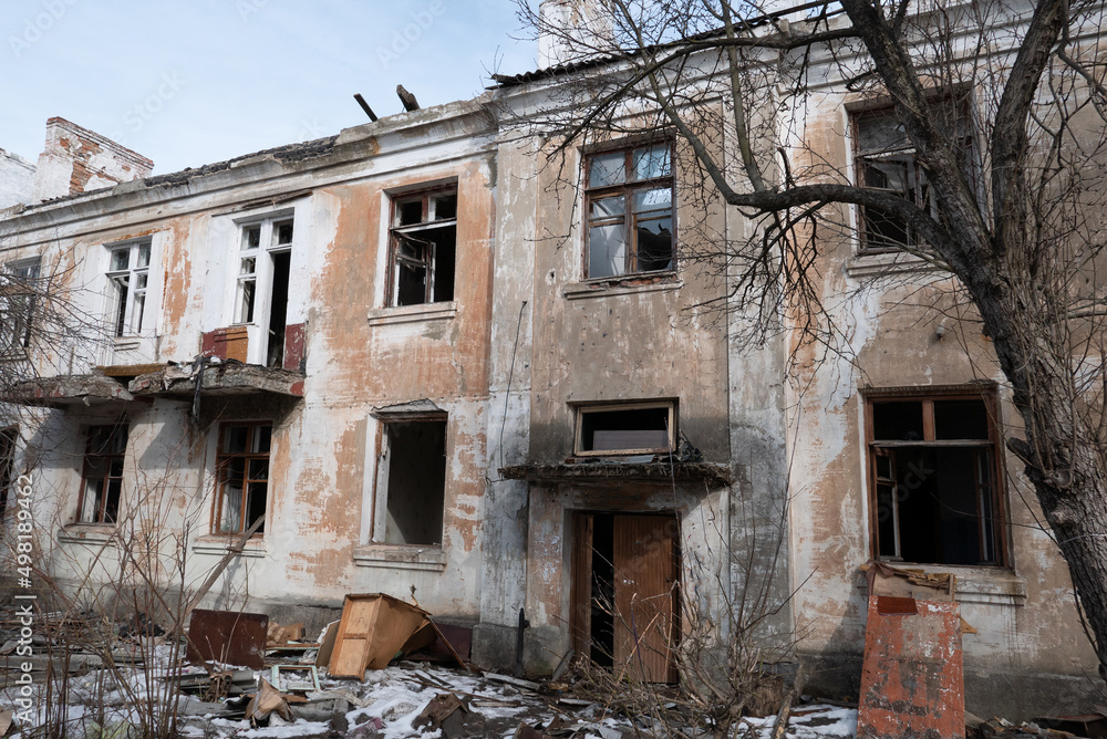 War ruins. Destroyed city after the bombing. Dead city. Bombed ...
