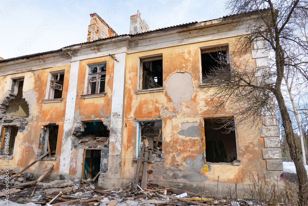 War ruins. Destroyed city after the bombing. Dead city. Bombed ...