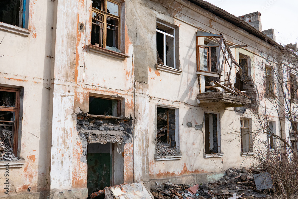 War ruins. Destroyed city after the bombing. Dead city. Bombed ...