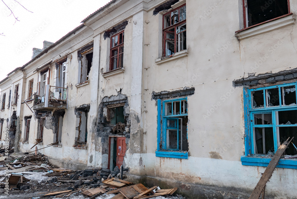 War ruins. Destroyed city after the bombing. Dead city. Bombed ...