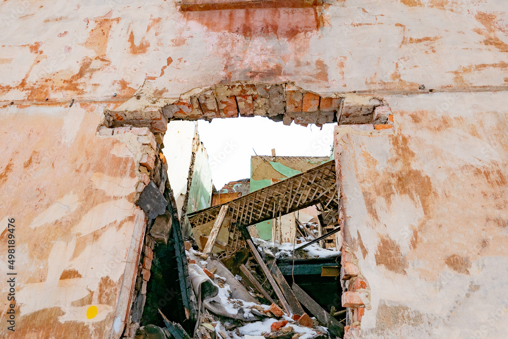 War ruins. Destroyed city after the bombing. Dead city. Bombed ...