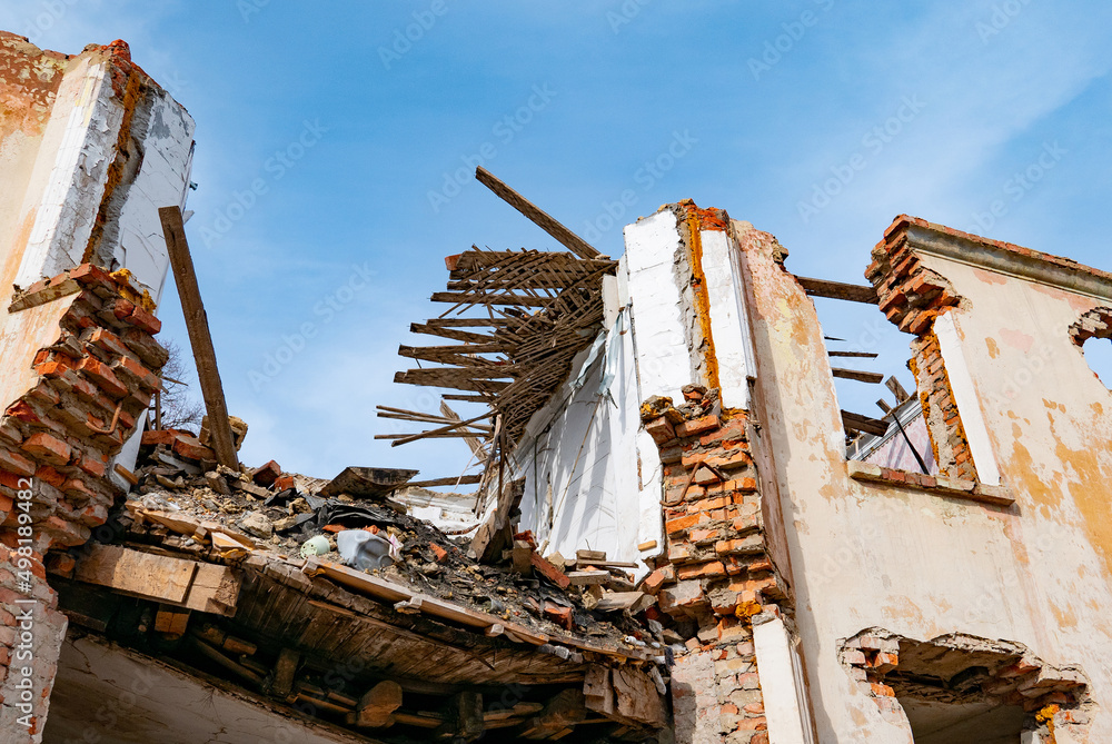 War ruins. Destroyed city after the bombing. Dead city. Bombed ...