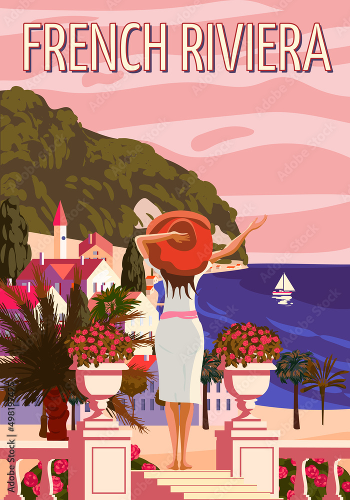 French Riviera Nice coast poster vintage. Woman on vacation, resort ...