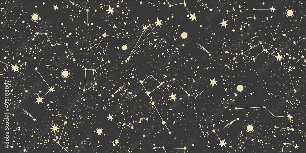 Mystical night sky with constellations seamless pattern. Mystical ...