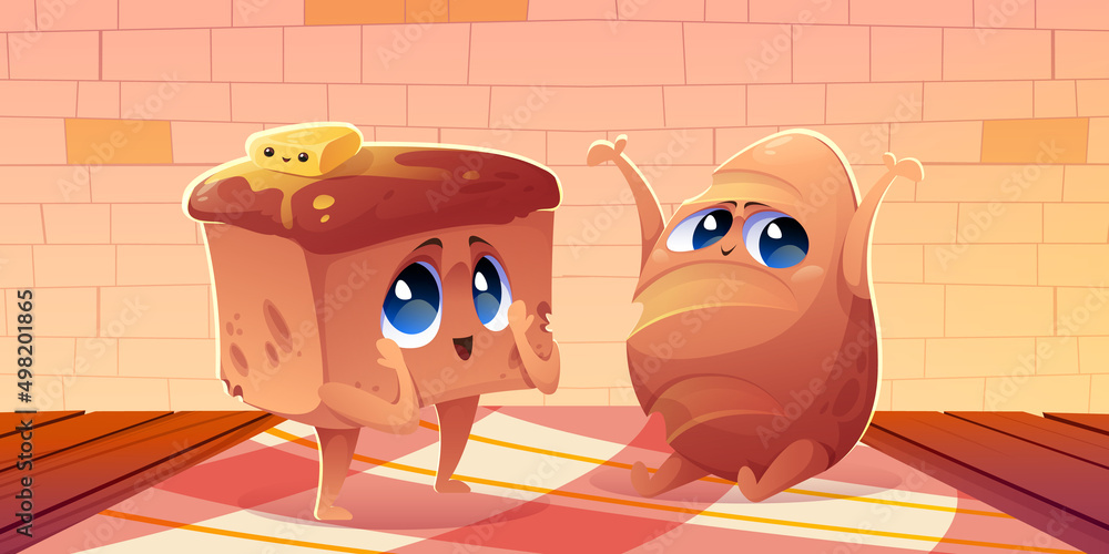 Cartoon cute bakery characters, cheerful fresh loaf and bread with ...