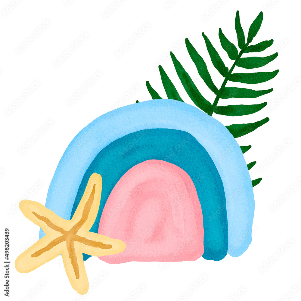Pink and blue rainbow with starfish and palm leaf. Watercolor marine ...