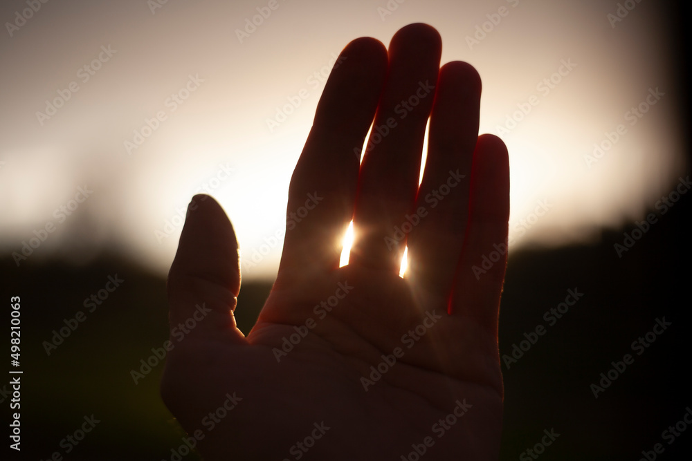 Palm against background of sun. Hand is in details. Fingers let in ...