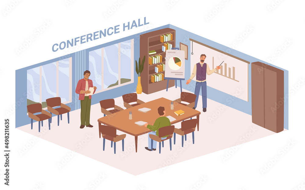 Office interior design and plan area. Vector conference hall with table ...
