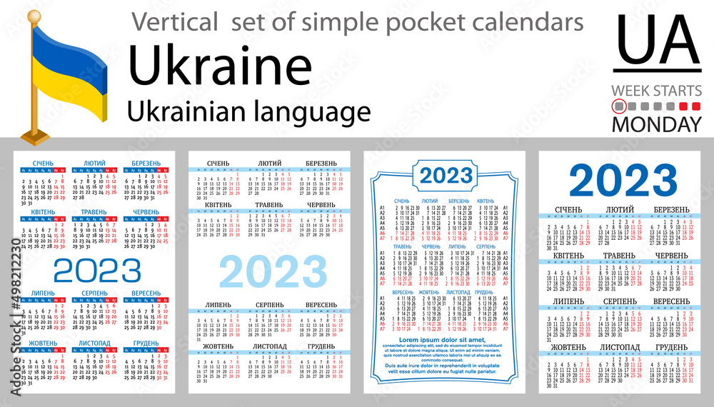 Ukrainian vertical pocket calendar for 2023. Week starts Monday Stock ...