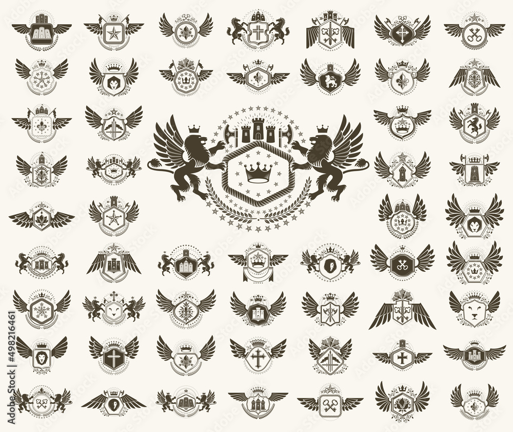 Classic style emblems big set, ancient heraldic symbols awards and ...