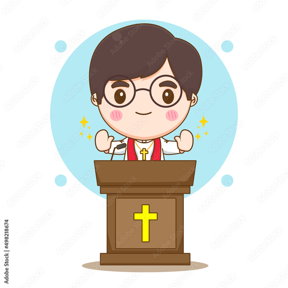 Cute priest preaching chibi cartoon character illustration Stock Vector ...