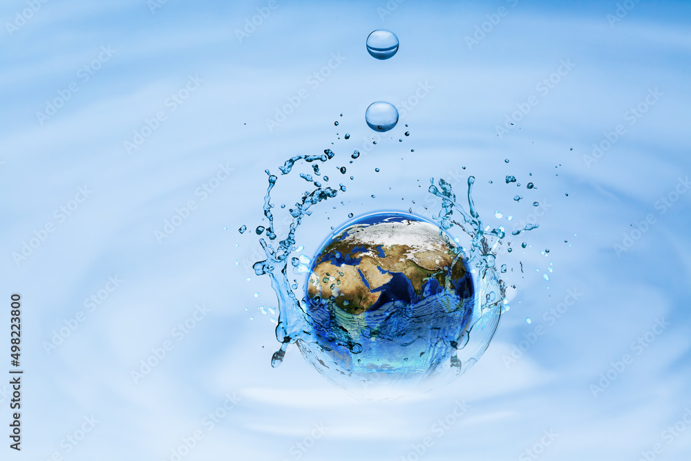 Planet Earth splashing in water surface on water, environment and save ...
