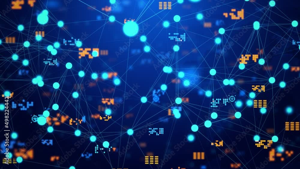 4K Loop Digital Network Data Nodes transforming and connection lines ...