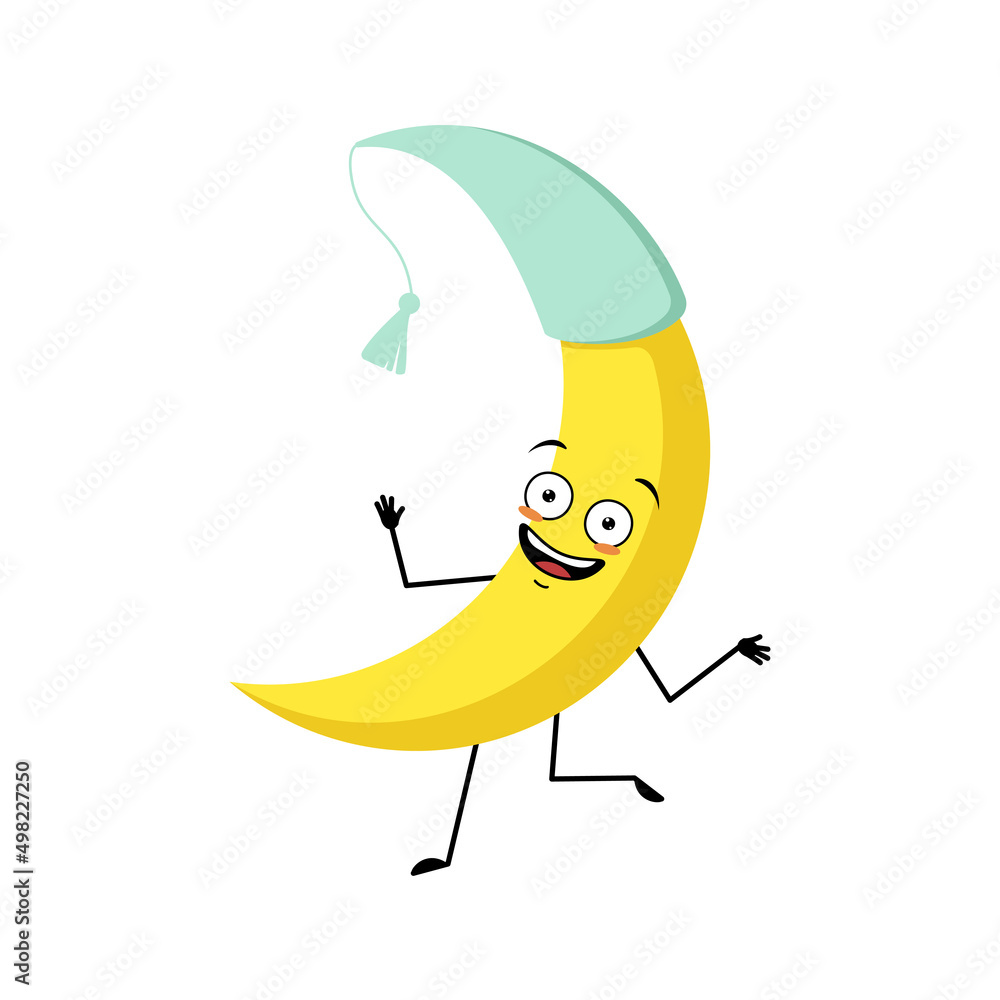Cute moon character in nightcap with crazy happy emotion, joyful face ...
