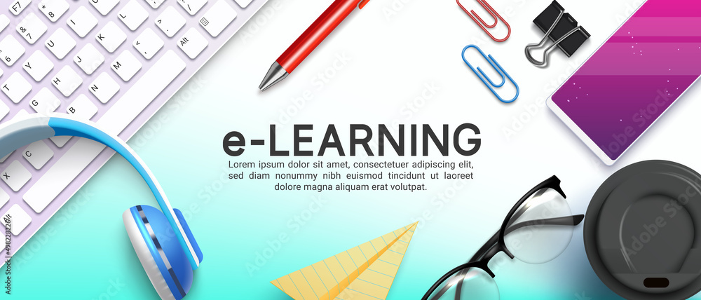 E-learning vector background design. Elearning text with key board ...