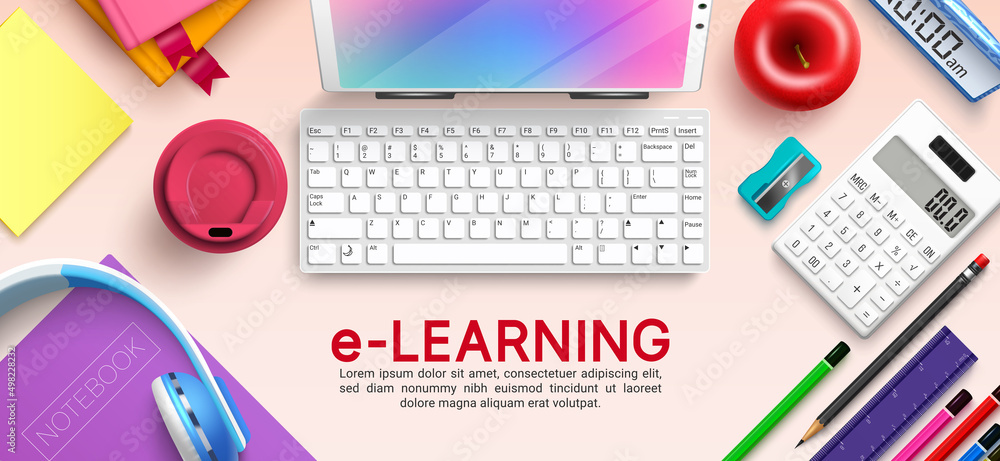 E-learning vector background design. Elearning text with online ...