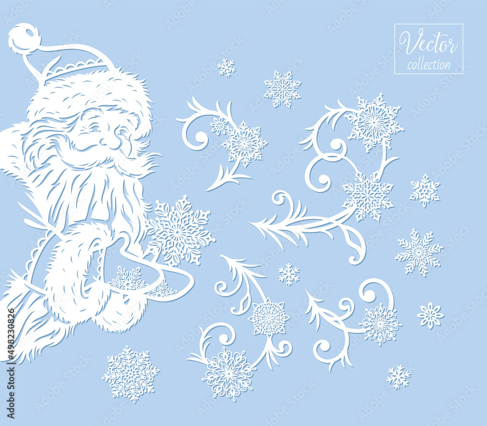 Santa Claus scatters snowflakes. Frost patterns. Christmas composition ...