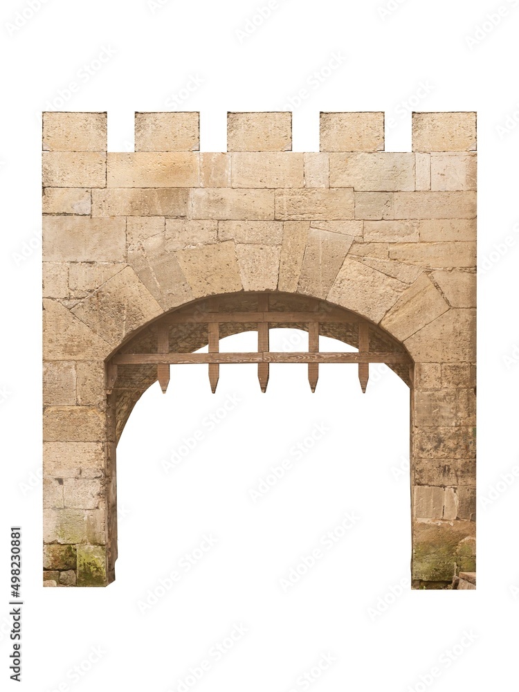 Medieval castle gate made of limestone stone blocks with open wooden ...