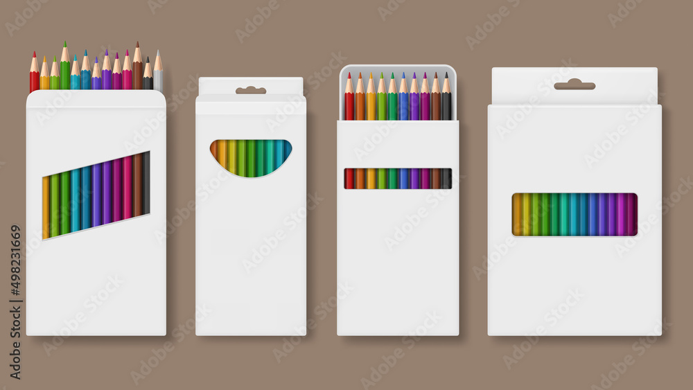 Pencil cardboard. Realistic boxes for colored pencils stationery ...