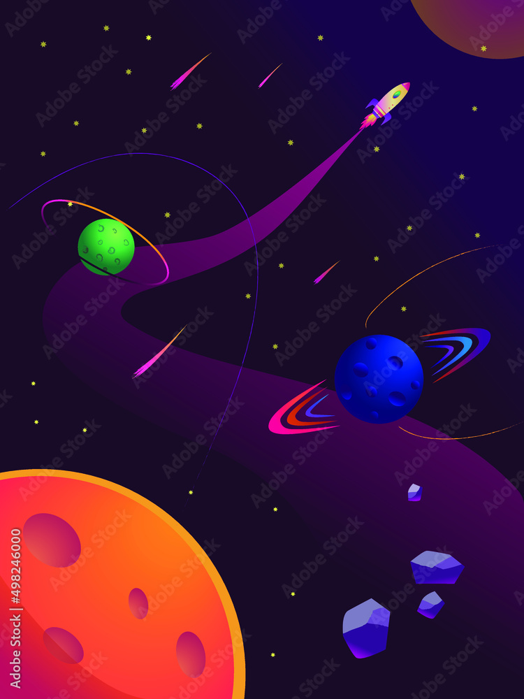 Vector image. Space, planets with orbits. Stars and meteorites. Rocket ...