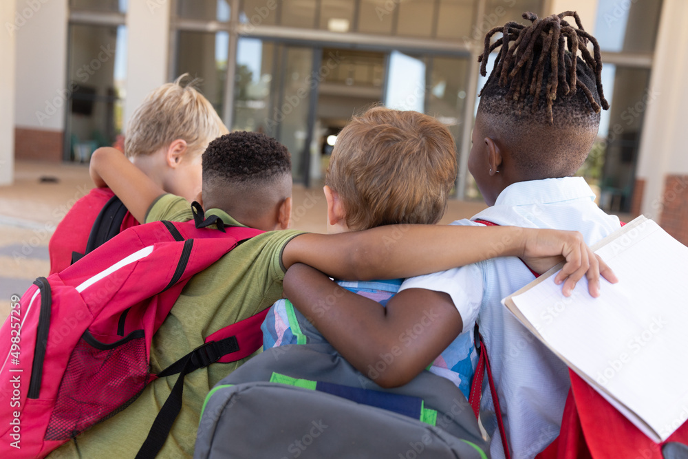Rear view of multiracial elementary schoolboys with arm around standing ...