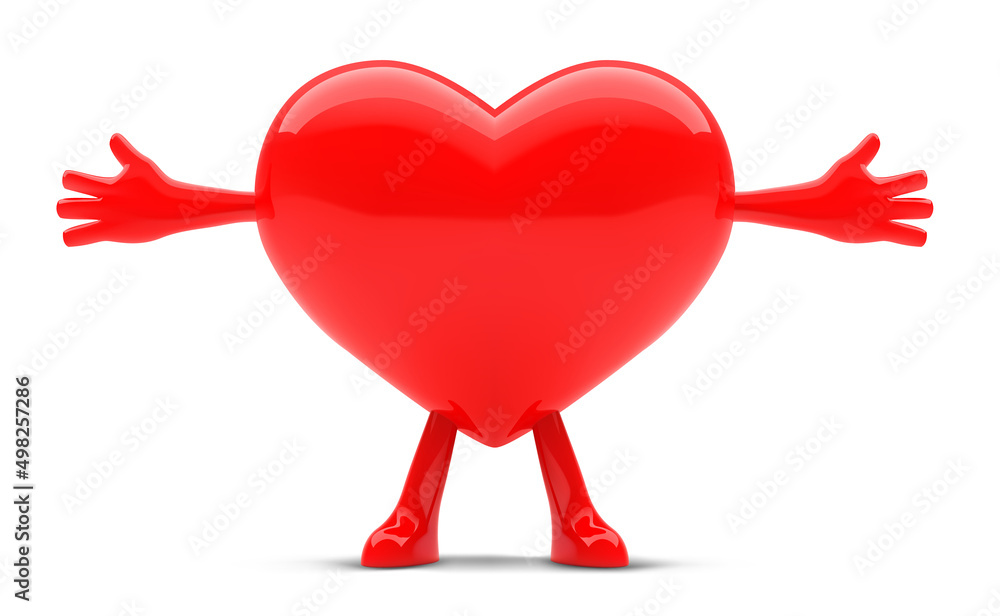 3d red heart vector illustration. Heart shaped mascot with arms open ...