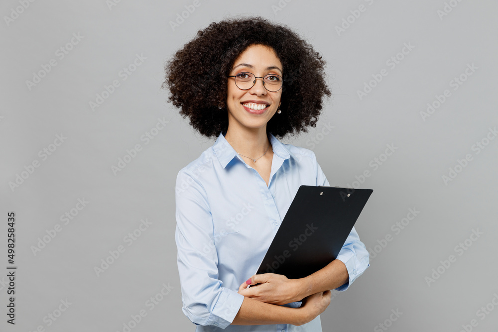 Young confident employee business corporate lawyer woman of African American ethnicity in ...