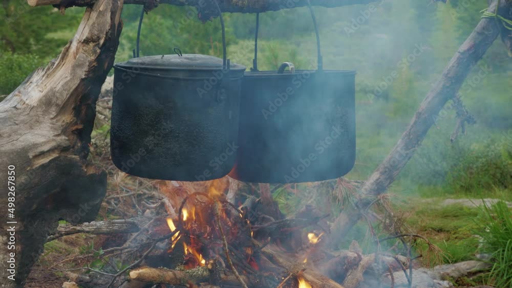 Two camping pots, covered by lids, hang on branch over burning fire ...