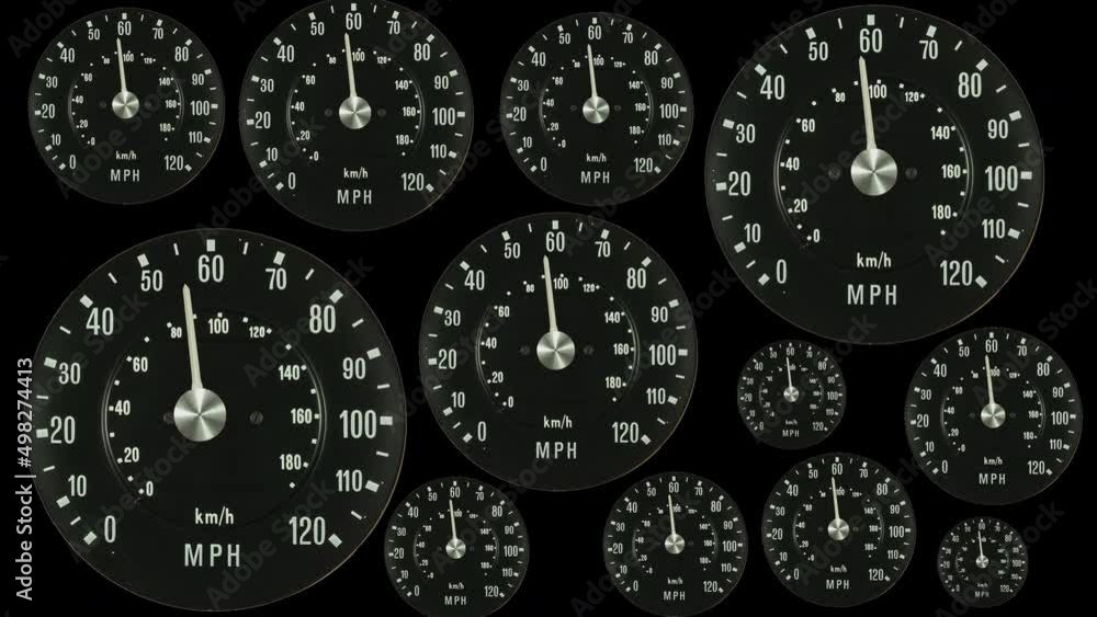 Vehicle speedometers with spinning needles. Displaying rapid speed and ...