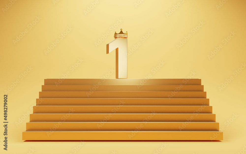 Golden number one with gold crown on the top of floor for champion or ...
