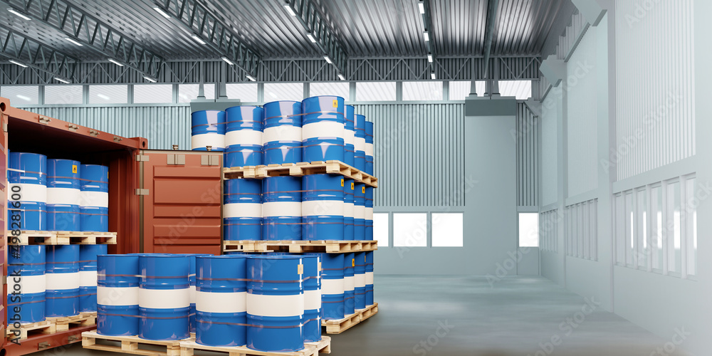 Chemical warehouse. Containers for chemical liquids in hangar ...