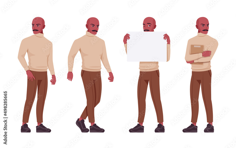 Handsome man set, spanish bold Latin American standing poses. Office ...