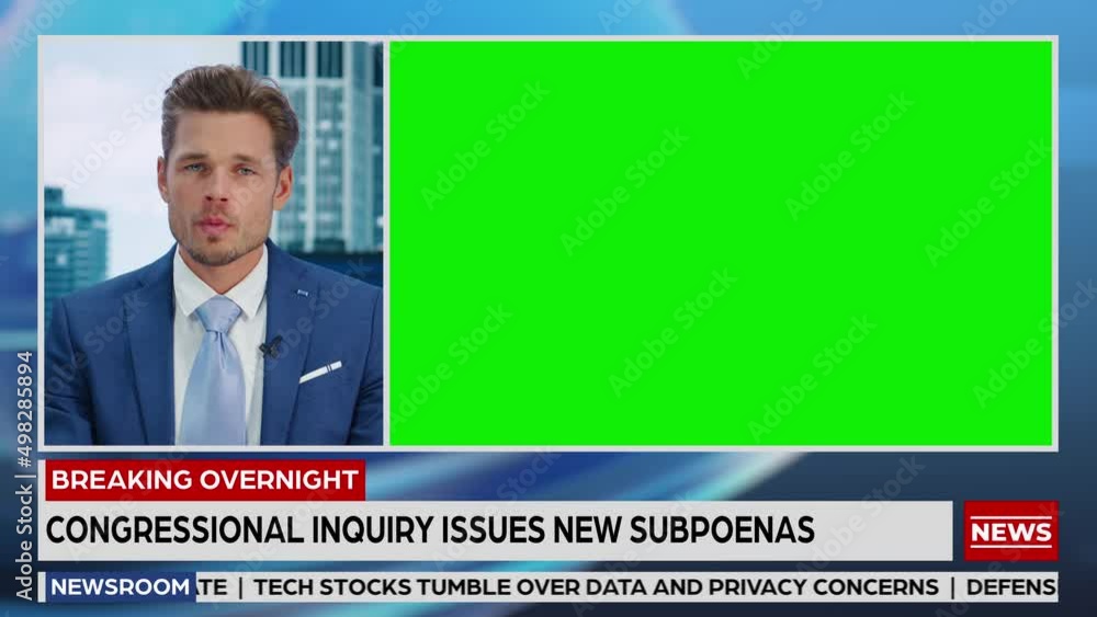 Split Screen TV News Live Report: Male Anchor Talks, Reporting ...