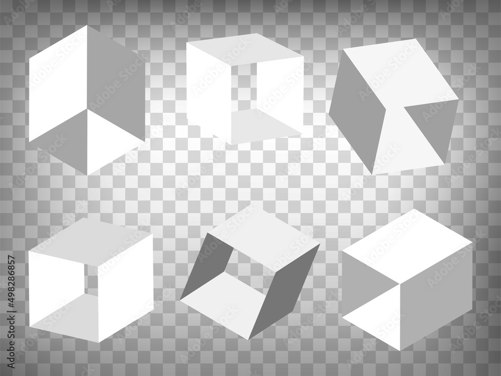 Set of perspective projections 3d prism model icons on transparent ...