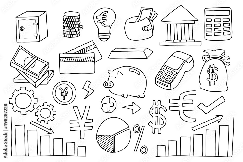 banking business hand drawn doodle illustration, finance outline design ...