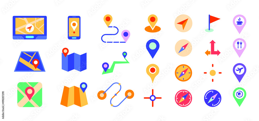 Large set of colorful pin pointers each showing a different vector ...