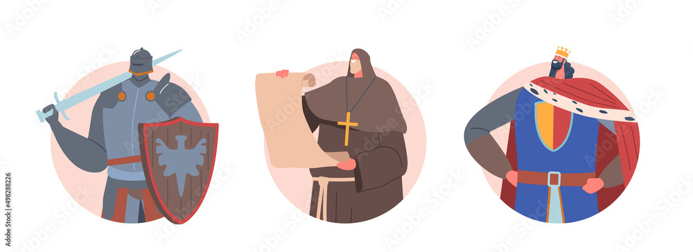 Set of Medieval Historical Characters Avatars. Royal King, Monk with ...