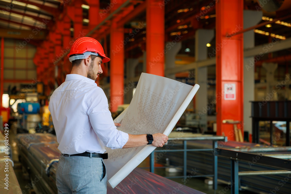 Back view, behind, rear. Portrait of architect and civil engineering ...