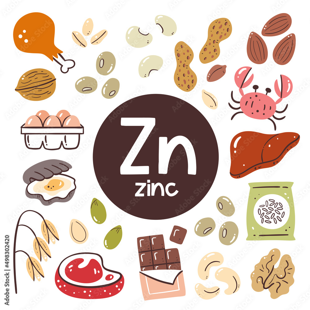 Food products rich in Zinc. Cooking ingredients. Meat, chocolate ...