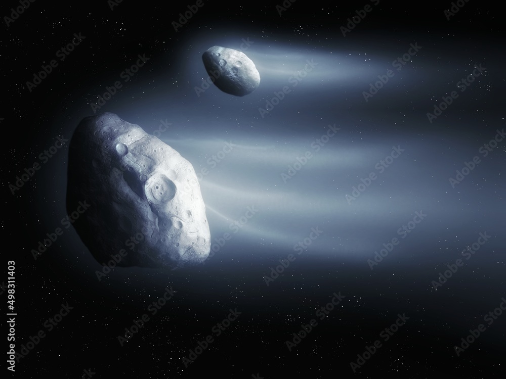 Two comets with bright tails in outer space of the solar system. The ...