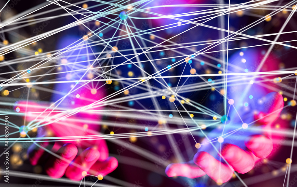 Global network. Blockchain. 3D illustration. Neural networks and ...