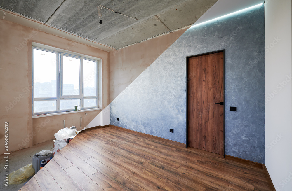 Interior room before and after renovation. Sad apartment has become ...