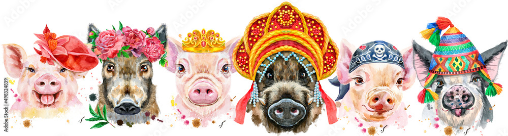 Border from pigs. Watercolor portraits of pigs and boars Stock ...
